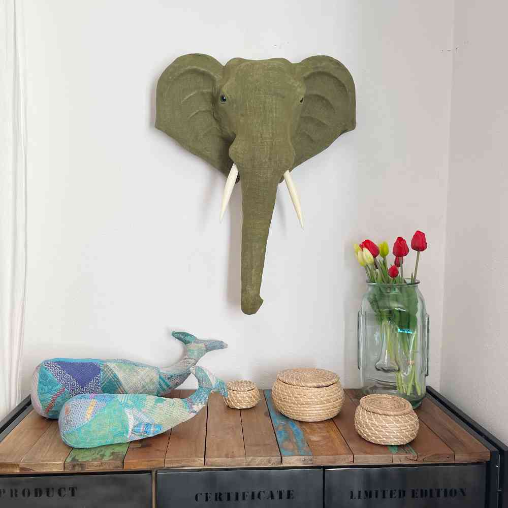 Trophée Tête de Eléphant Jute Vert 70 Cm Foimpex - LeBazaraCaro